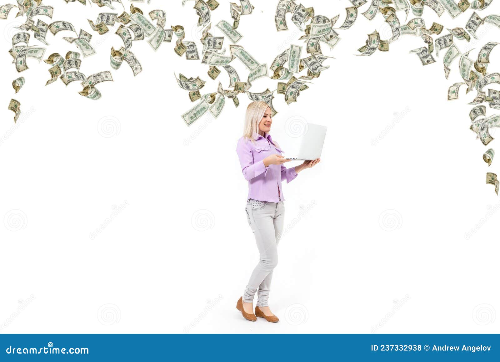 Pretty Woman Throwing Dollar Bills, Isolated on White Background Stock ...