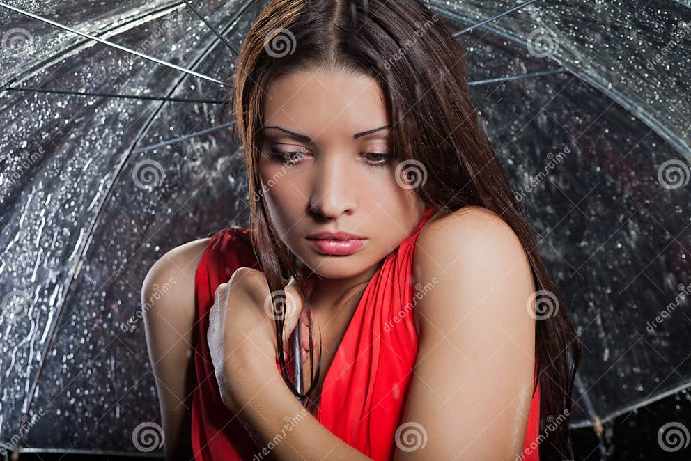 Pretty Woman With Umbrella Under Stock Image Image Of Cover Drop