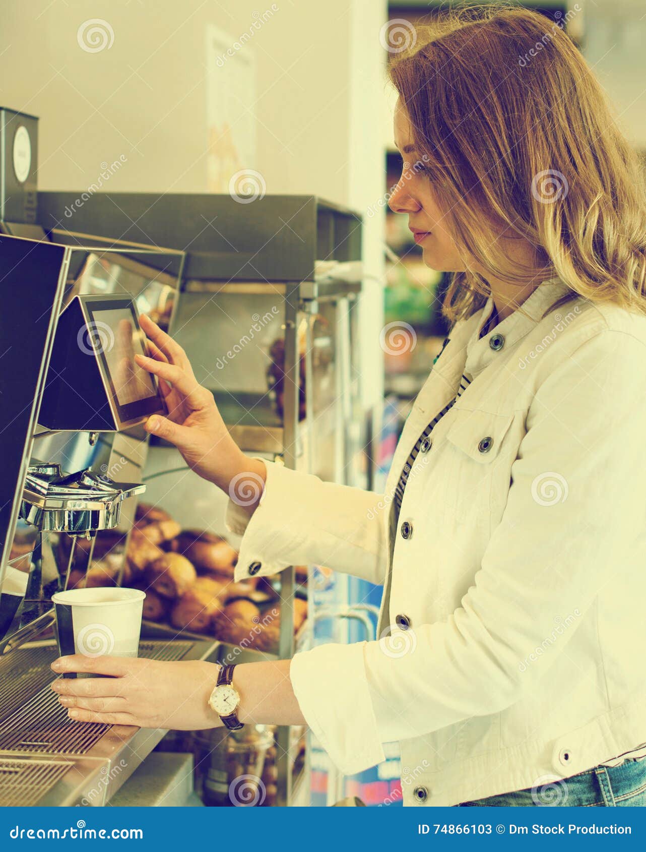 Pretty Woman Using Coffee Vending Machine. Stock Image - Image of ...