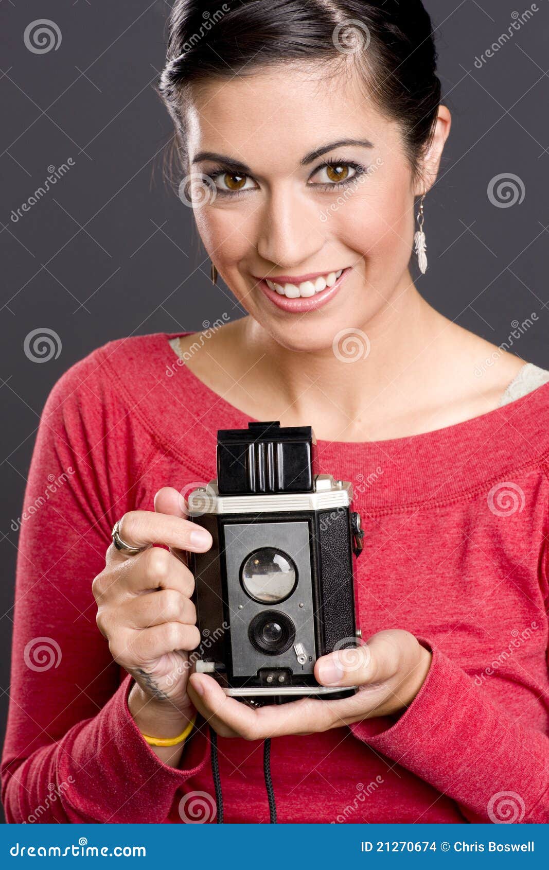Pretty Woman Take Photo Vintage Viewfinder Camera Stock Photo - Image ...