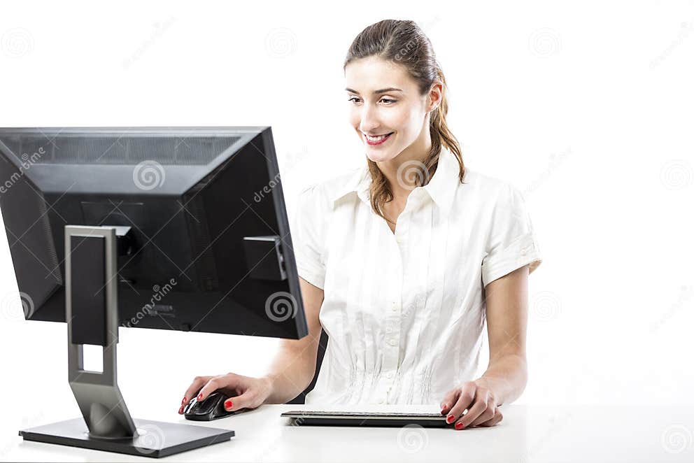 Pretty Woman Working on Computer Stock Photo - Image of internet ...