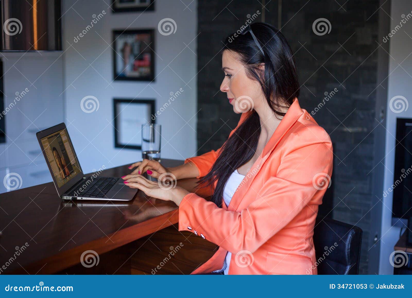 Pretty Woman Working on Laptop at Home. Stock Image - Image of business ...