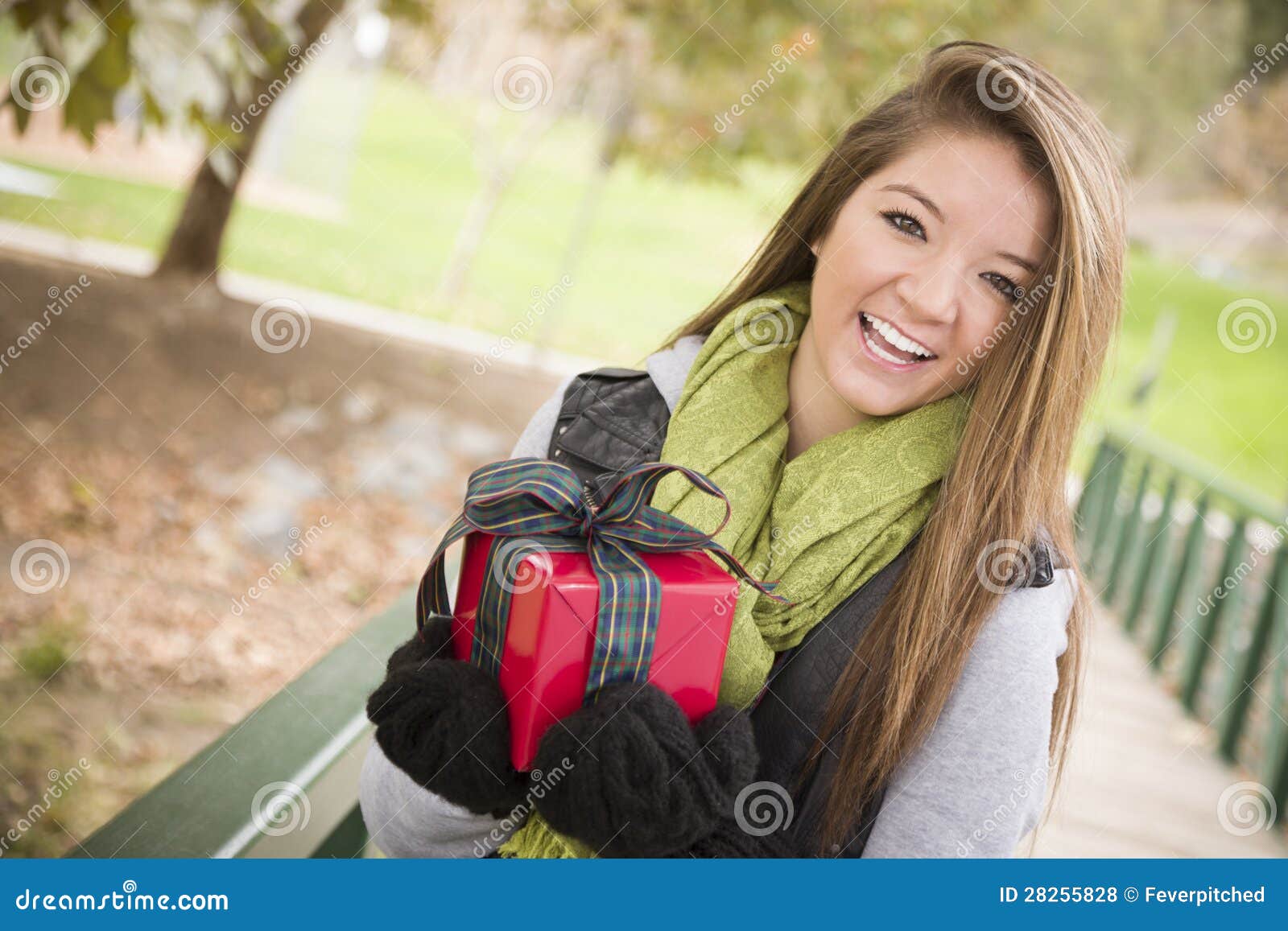 Pretty Woman with Wrapped Gift with Bow Outside Stock Photo - Image of ...