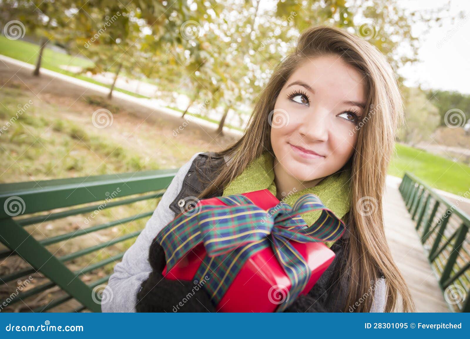 Pretty Woman with Wrapped Gift with Bow Outside Stock Image - Image of ...
