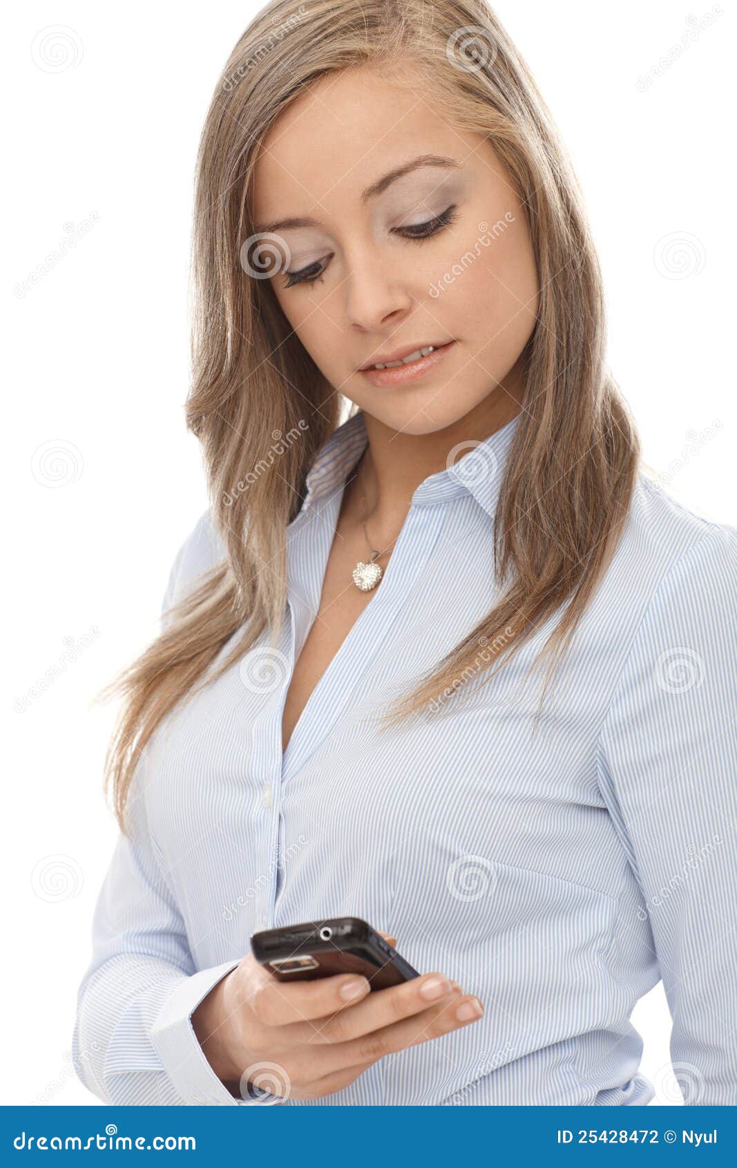 Pretty Woman Writing Text Message on Mobile Stock Photo - Image of hair ...