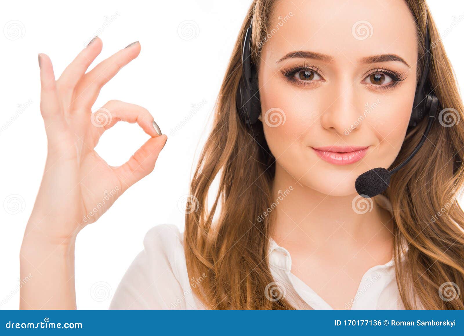 Pretty Young Agent of Call Centre Gesturing `OK` Stock Photo - Image of ...