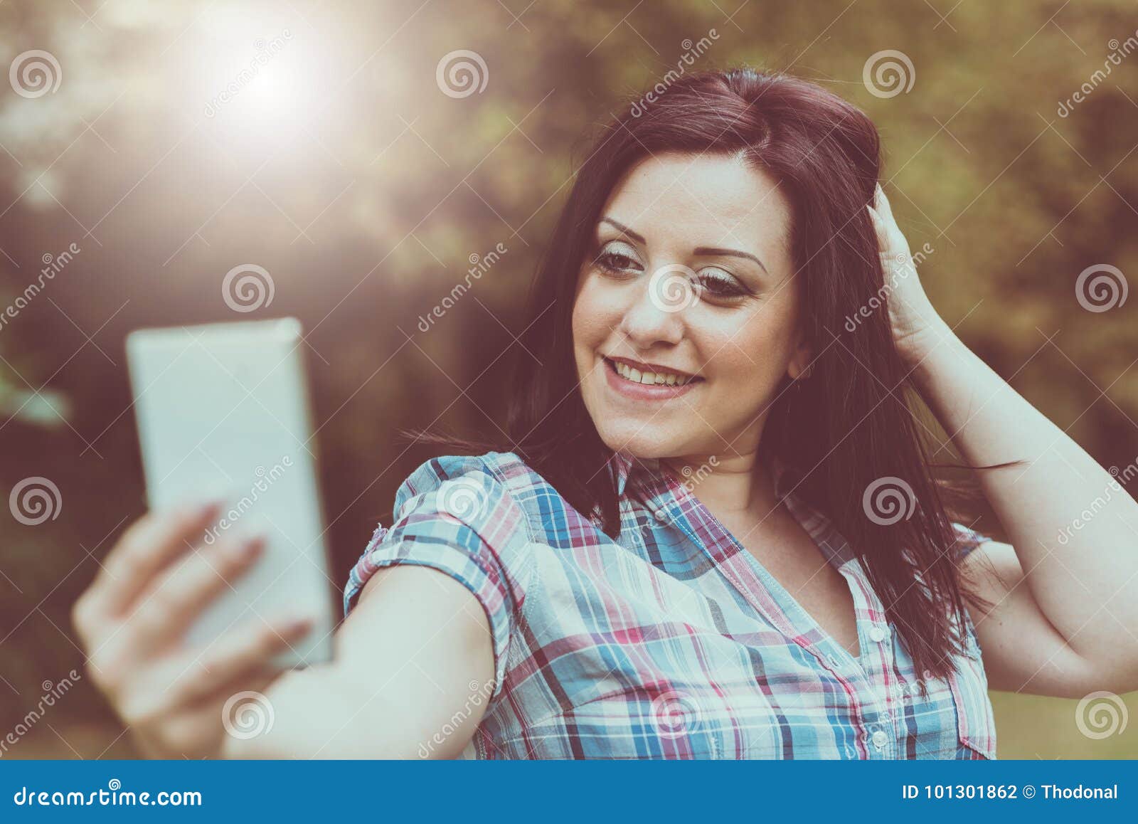 Pretty Young Brunette Taking Selfie, Light Effect Stock Photo - Image ...