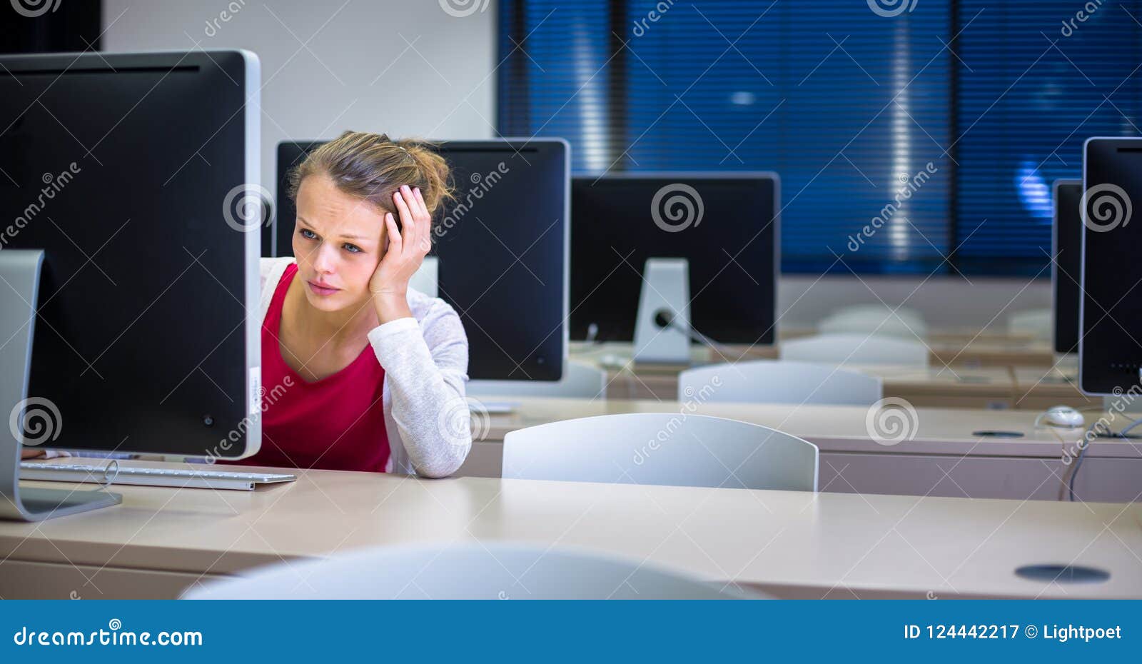 Pretty, Young Female College Student Using a Desktop Computer/pc in a ...