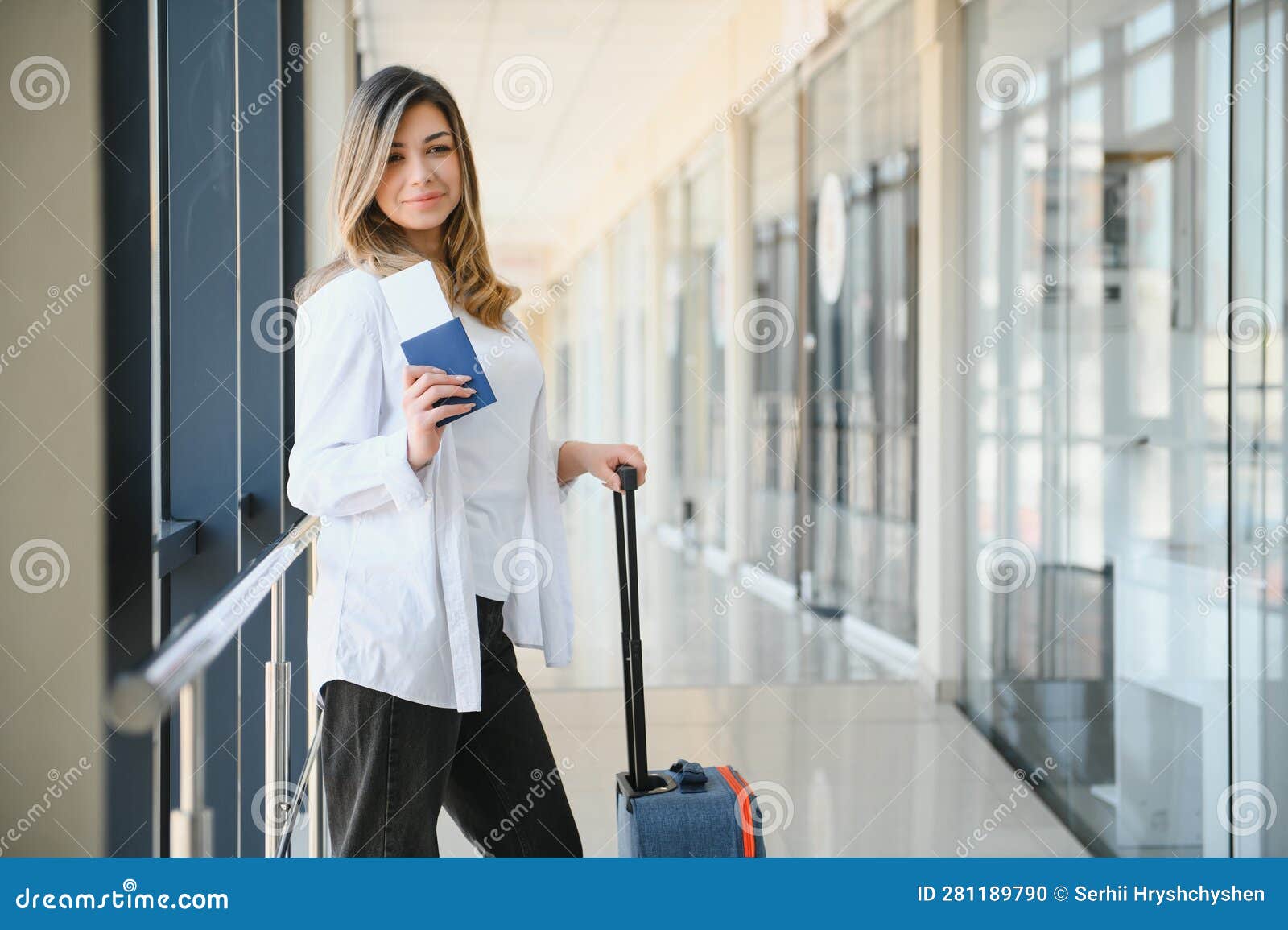 Pretty Young Female Passenger at the Airport Stock Photo - Image of airline, happy: 281189790