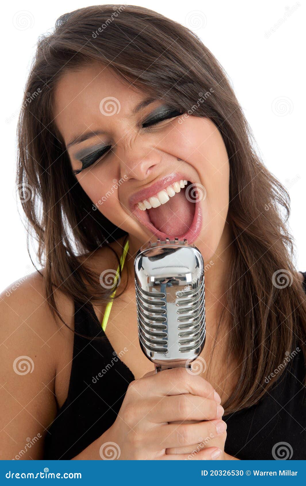 Pretty Young Female with Retro Microphone Isolated Stock Photo - Image ...
