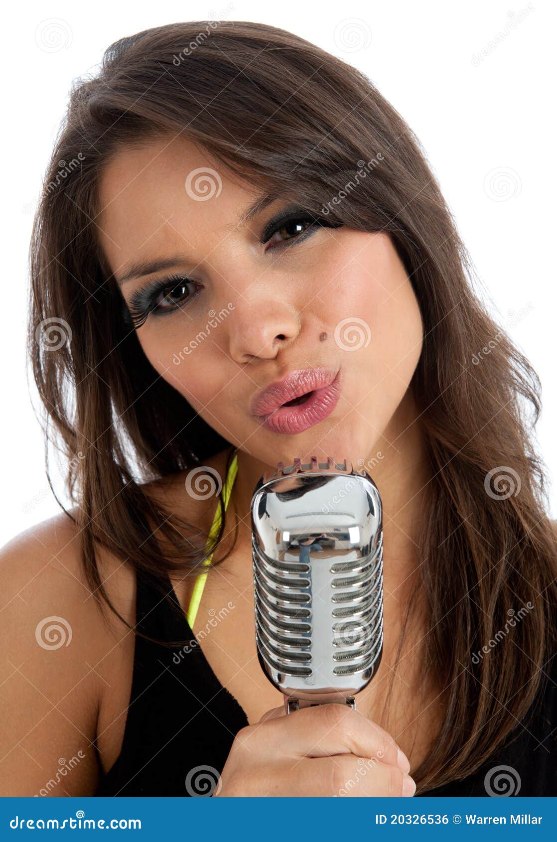 Pretty Young Female with Retro Microphone Isolated Stock Photo - Image ...