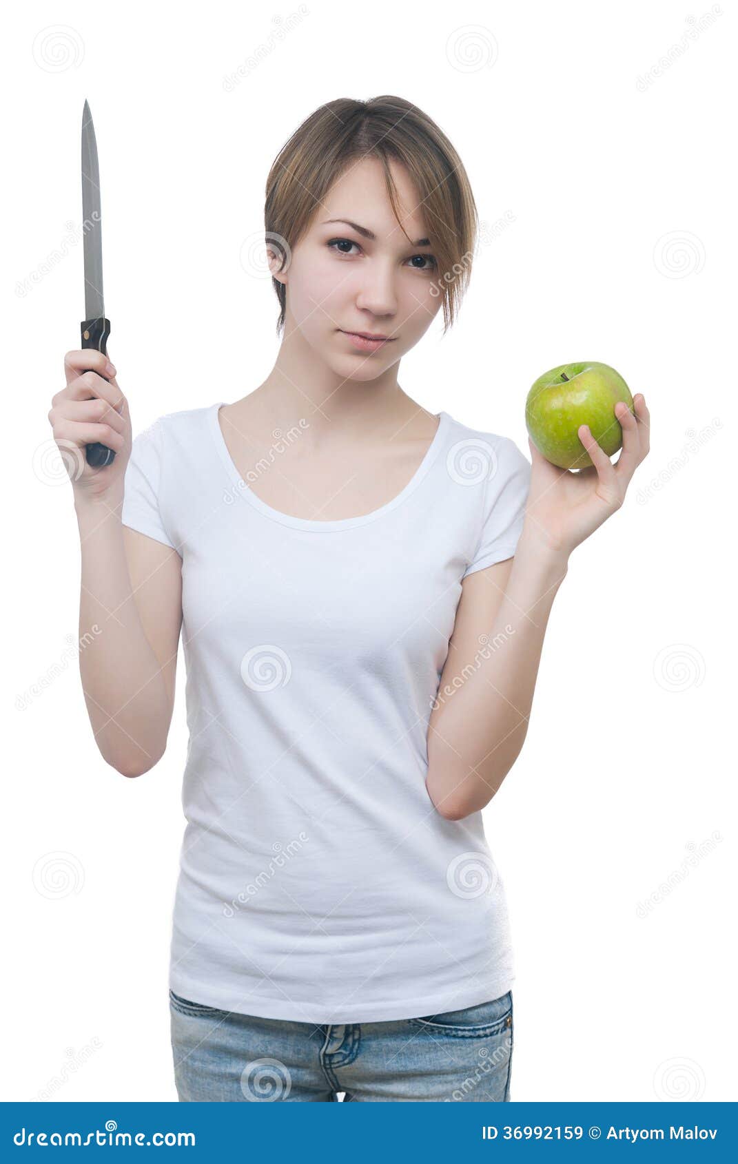 Pretty Young Girl with Green Apple and Knife Stock Image - Image of ...