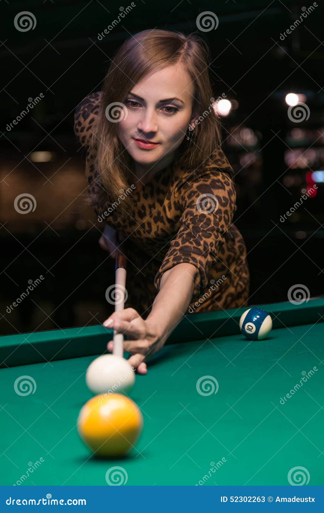 Pretty Young Girl is Playing Billiard Stock Image - Image of brunette ...