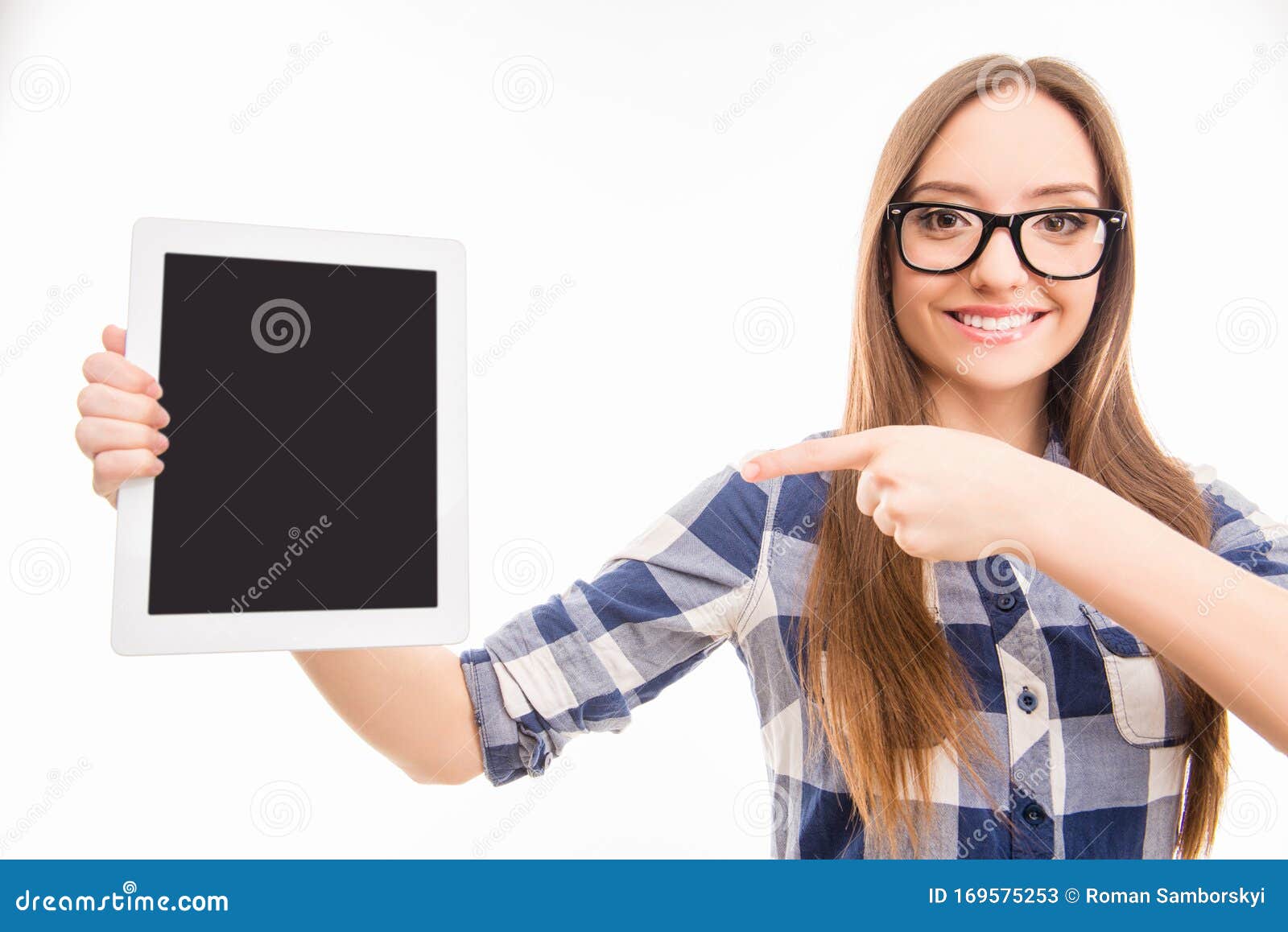 Pretty Young Girl Pointing on Screen of Tablet Stock Image - Image of ...