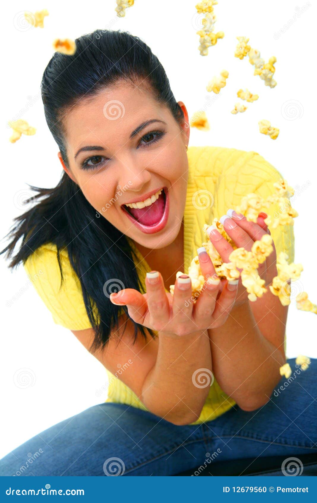 Pretty Young Girl Throwing Popcorn Stock Photo - Image of portrait ...