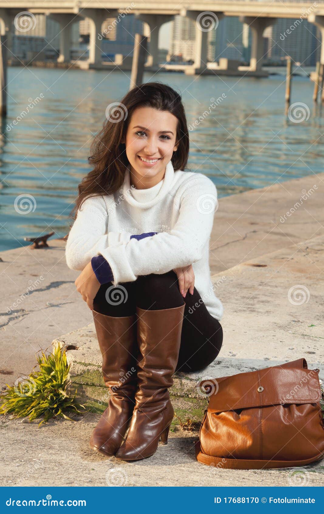 Pretty Young Woman Along the Bay with Skyline Stock Photo - Image of ...
