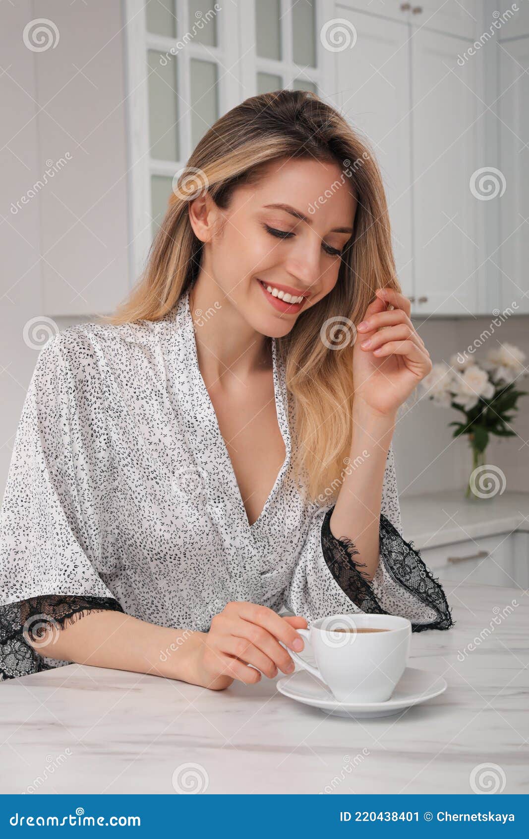 Pretty Young Woman in Beautiful Silk Robe with Cup of Coffee at Kitchen ...