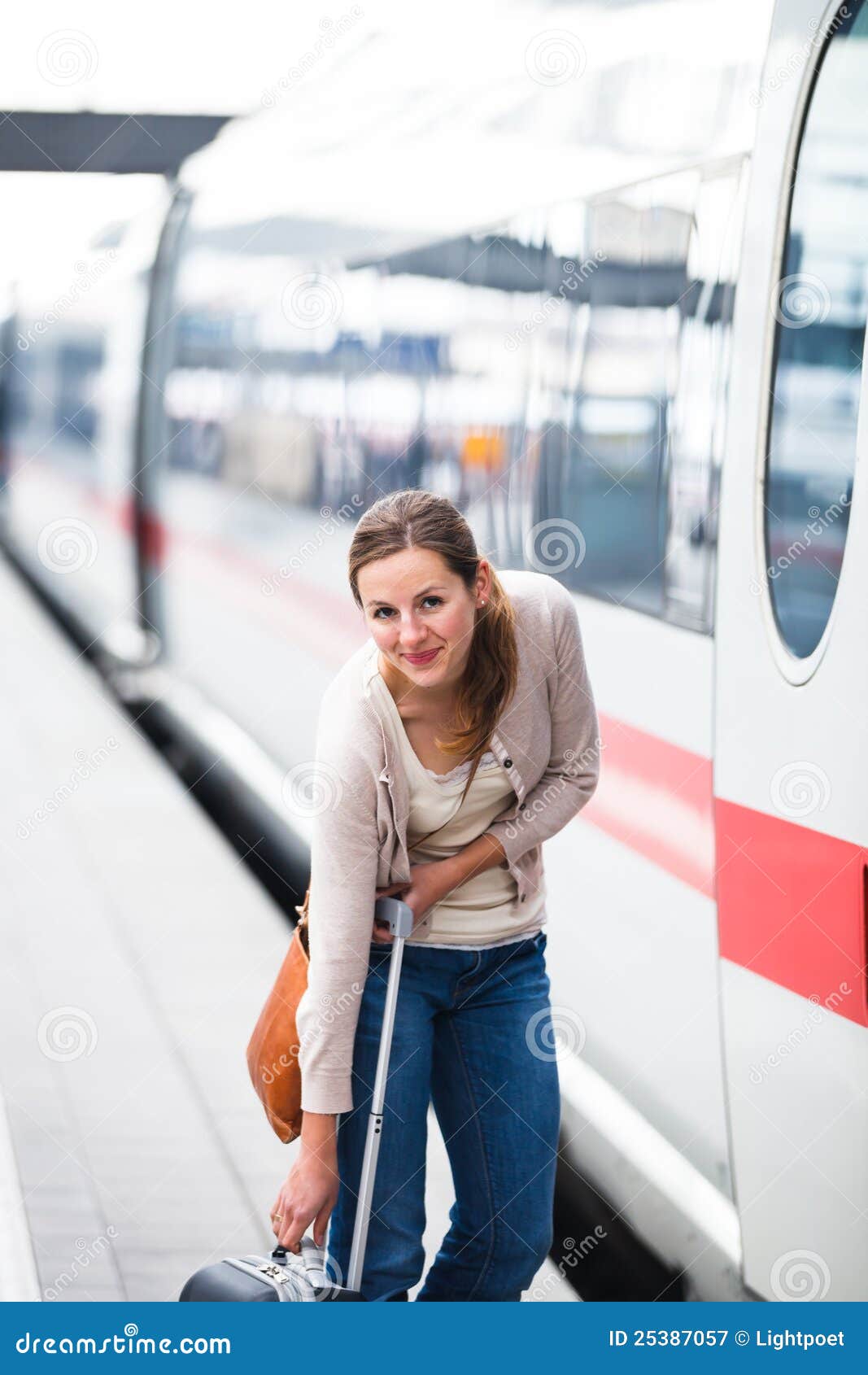 Pretty Young Woman Boarding a Train Stock Image - Image of platform ...