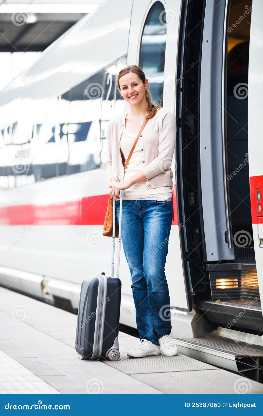 Pretty Young Woman Boarding a Train Stock Photo - Image of hall ...