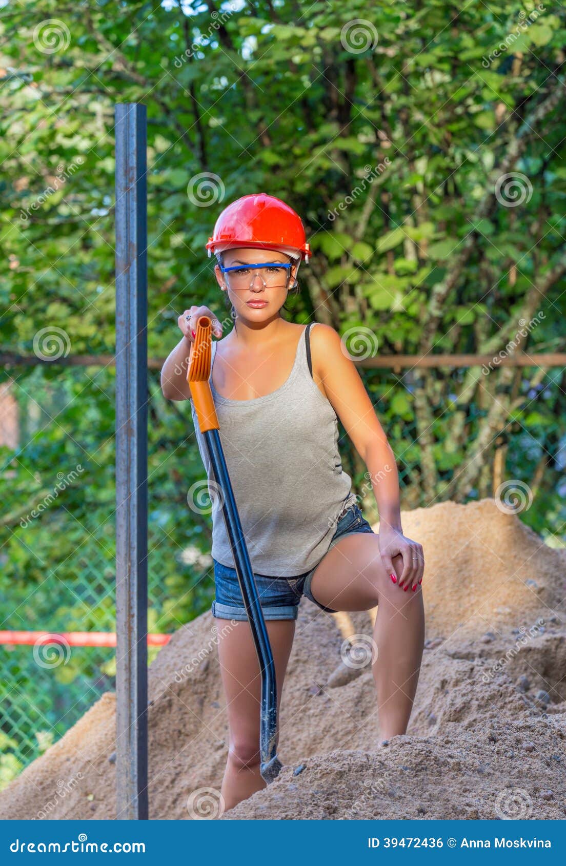 Pretty Young Woman Builder Digging a Shovel Stock Photo - Image of ...