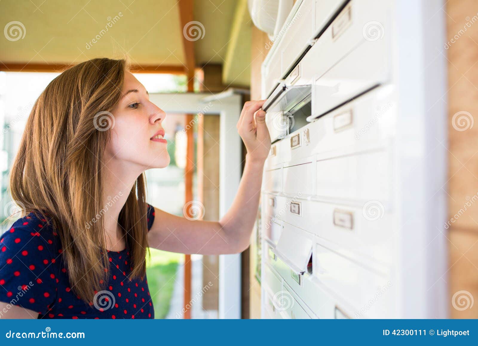 Pretty, Young Woman Checking Her Mailbox Stock Image - Image of happy ...