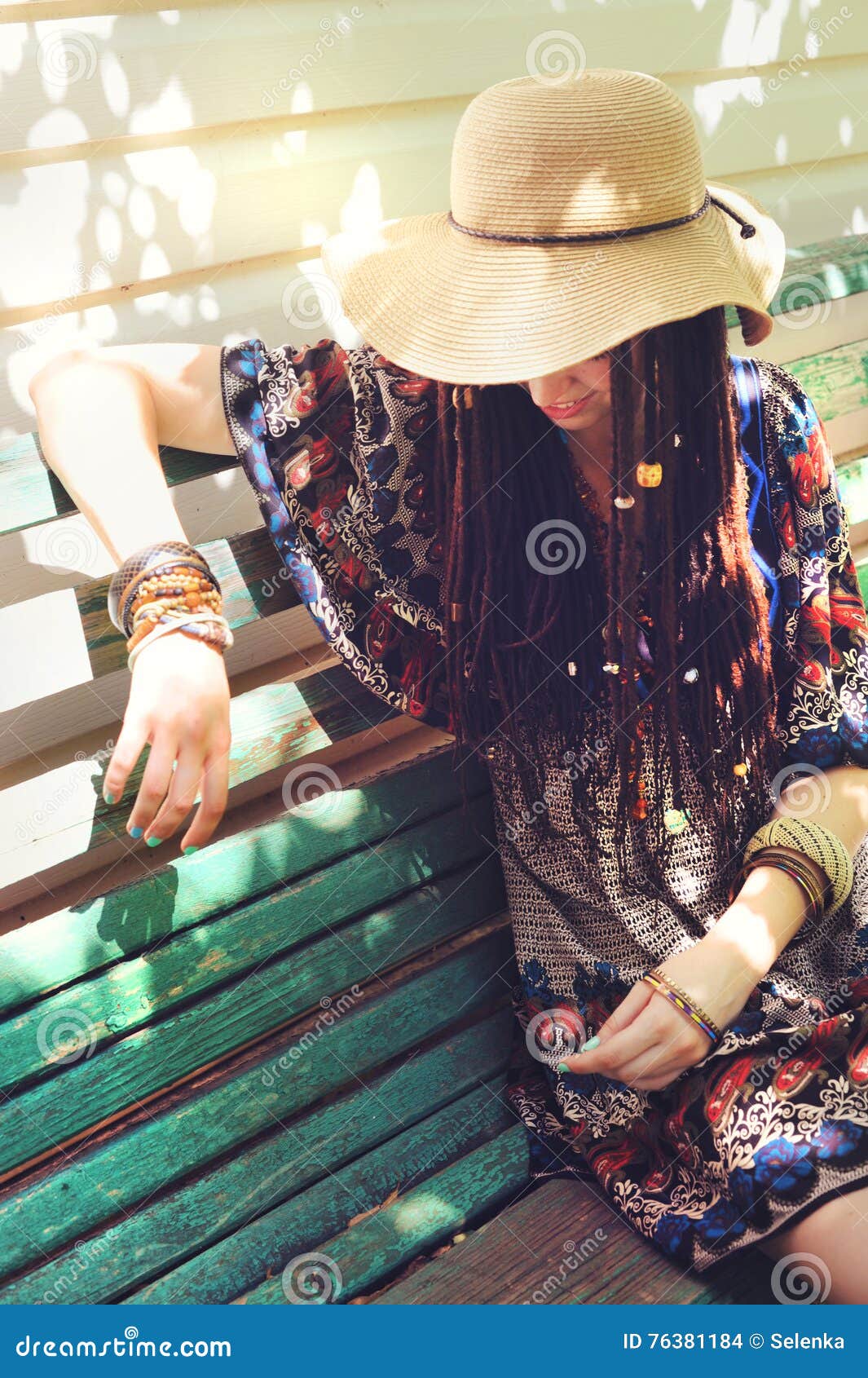 Pretty Young Woman With Dreadlocks Dressed In Indie Boho Style Stock