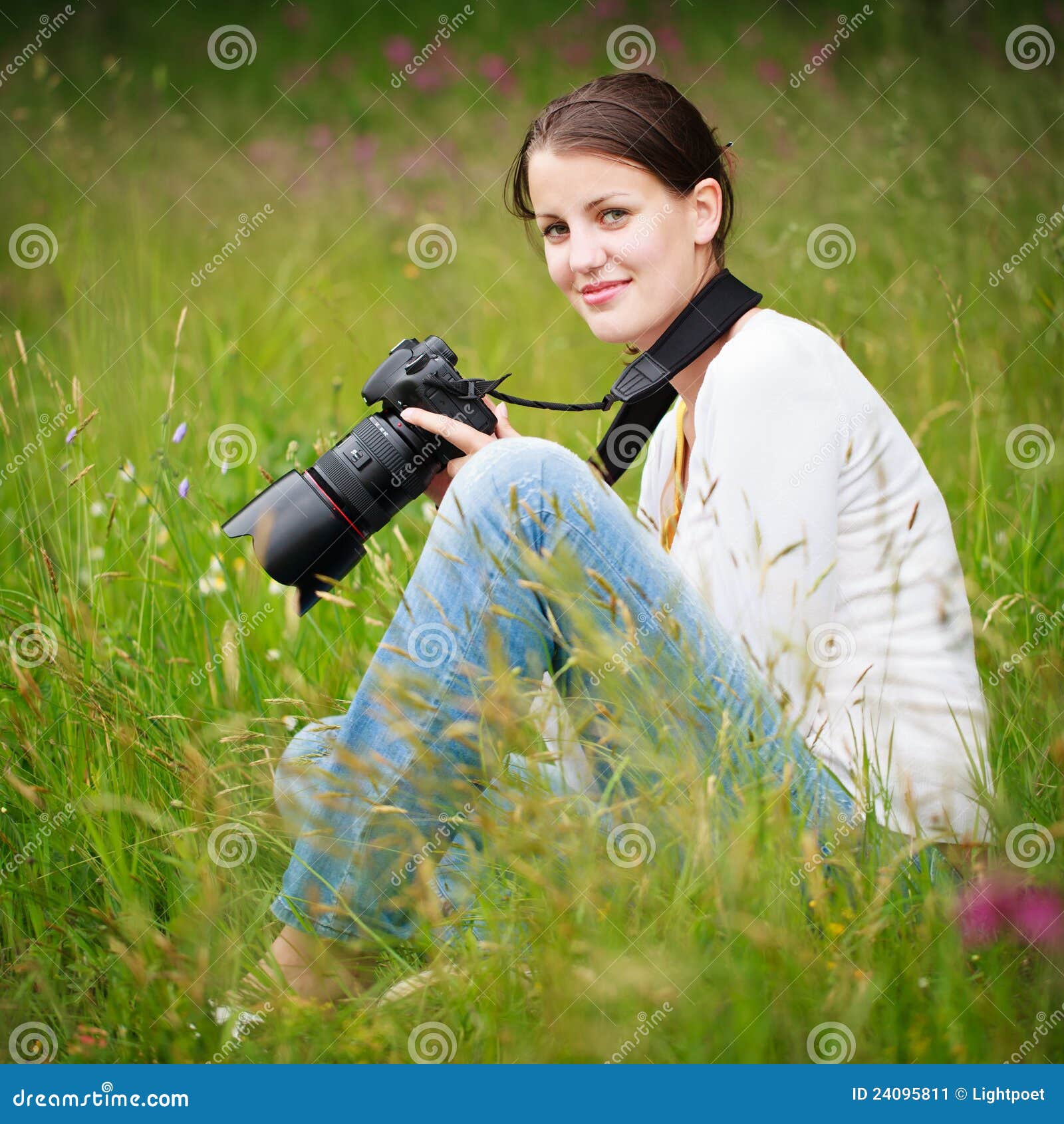 Pretty Young Woman with a DSLR Camera Outdoors Stock Image - Image of ...