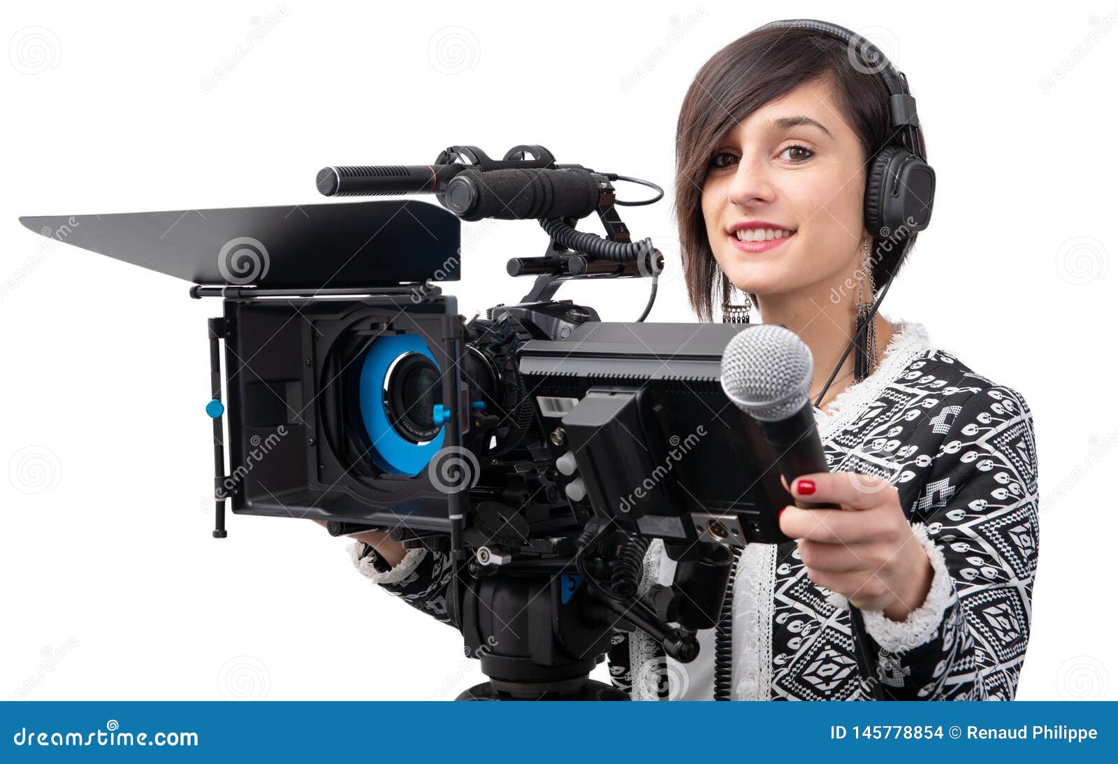 Pretty Young Woman Journalist with Microphone in Television Studio on ...