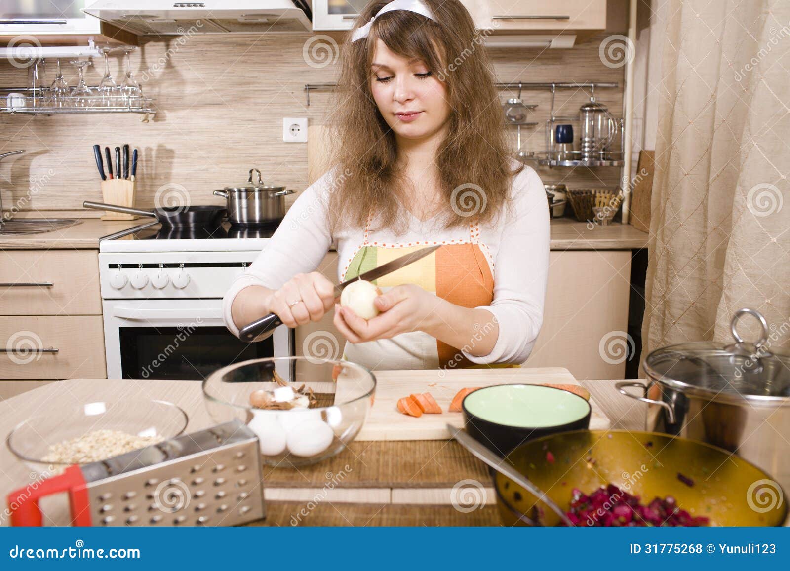 Pretty Young Woman on Kitchen Preparing Dinner Stock Photo - Image of ...