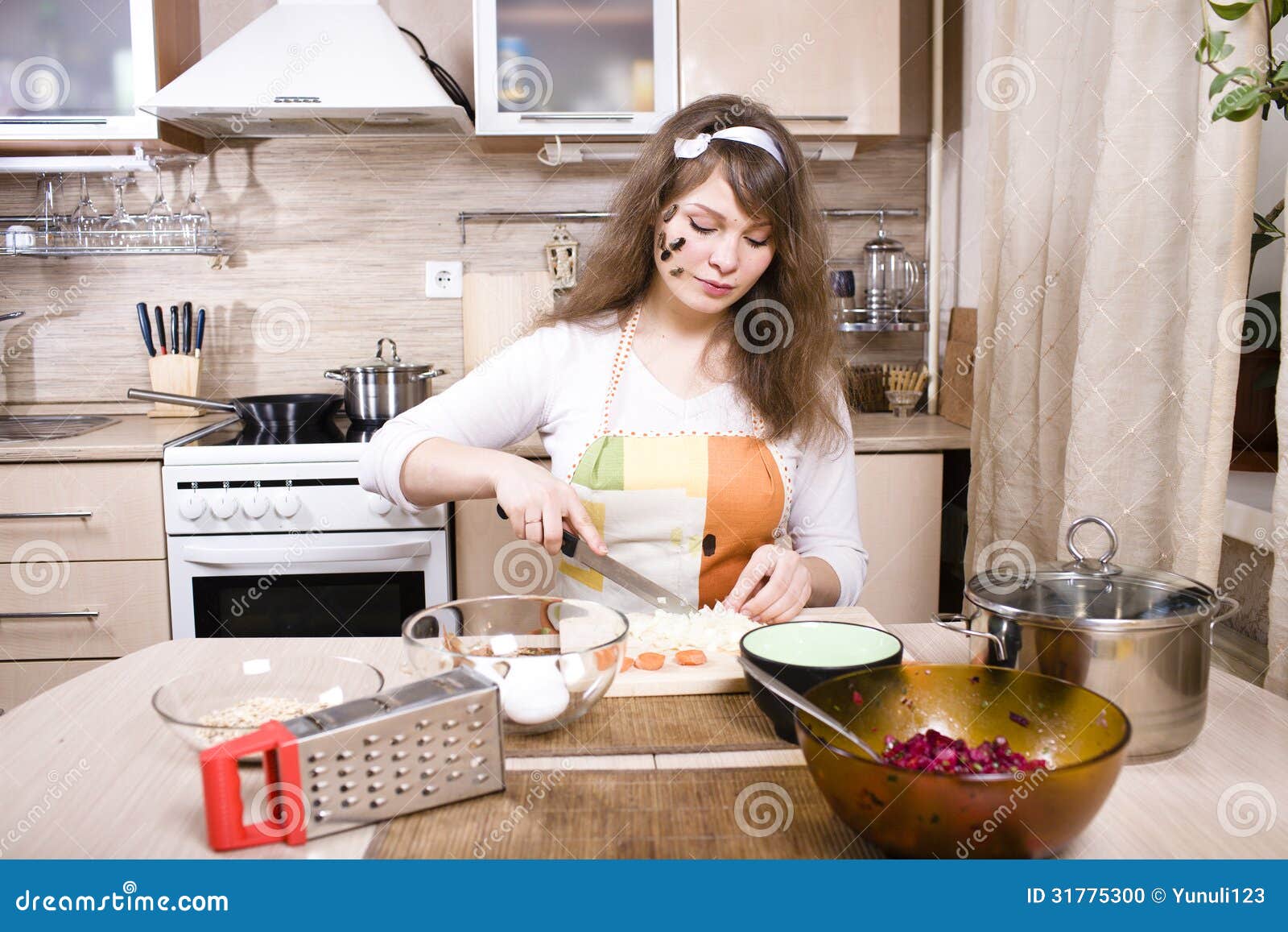 Pretty Young Woman on Kitchen Preparing Dinner Stock Photo - Image of ...