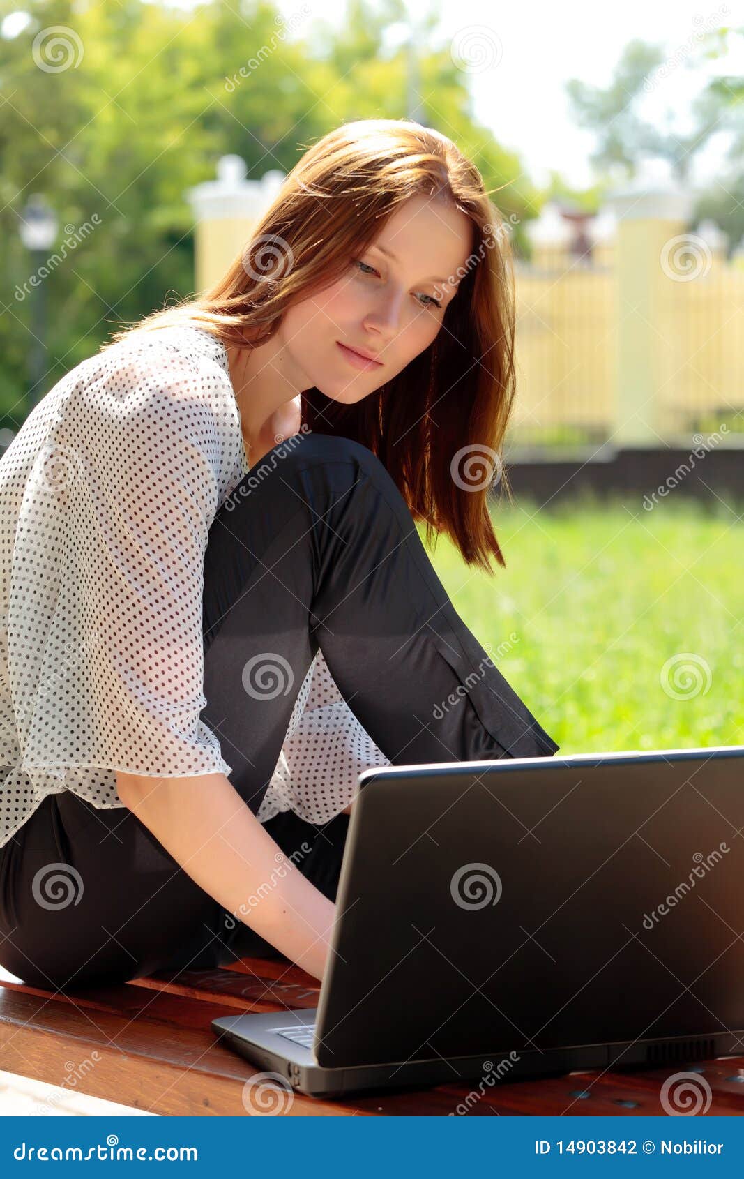 Pretty Young Woman with a Laptop Stock Photo - Image of bench, college ...
