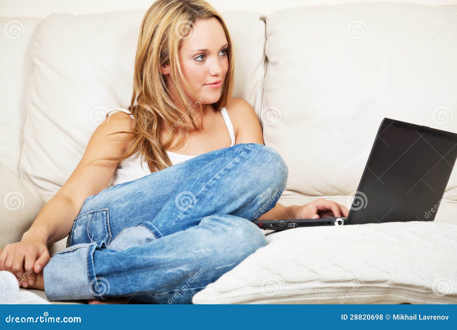 Pretty Young Woman with Laptop Computer Stock Photo - Image of indoors ...