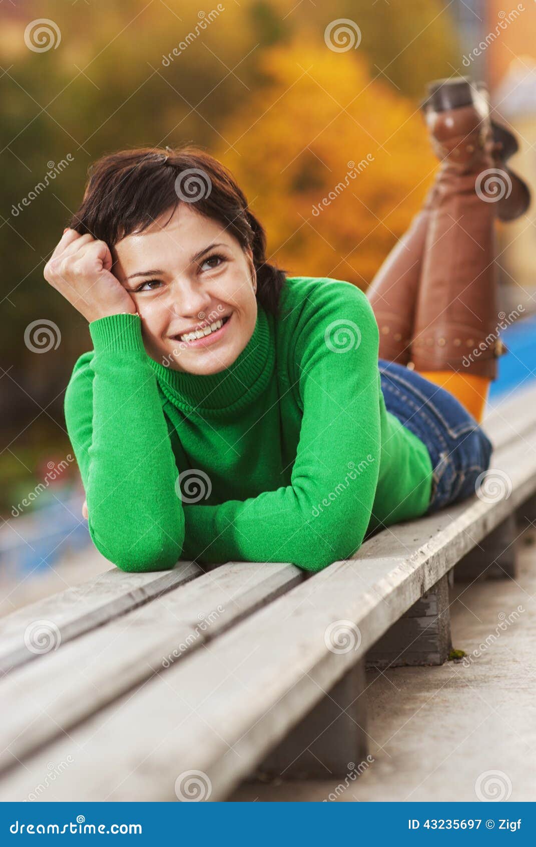 Pretty Young Woman Lying on Bench Stock Image - Image of model ...