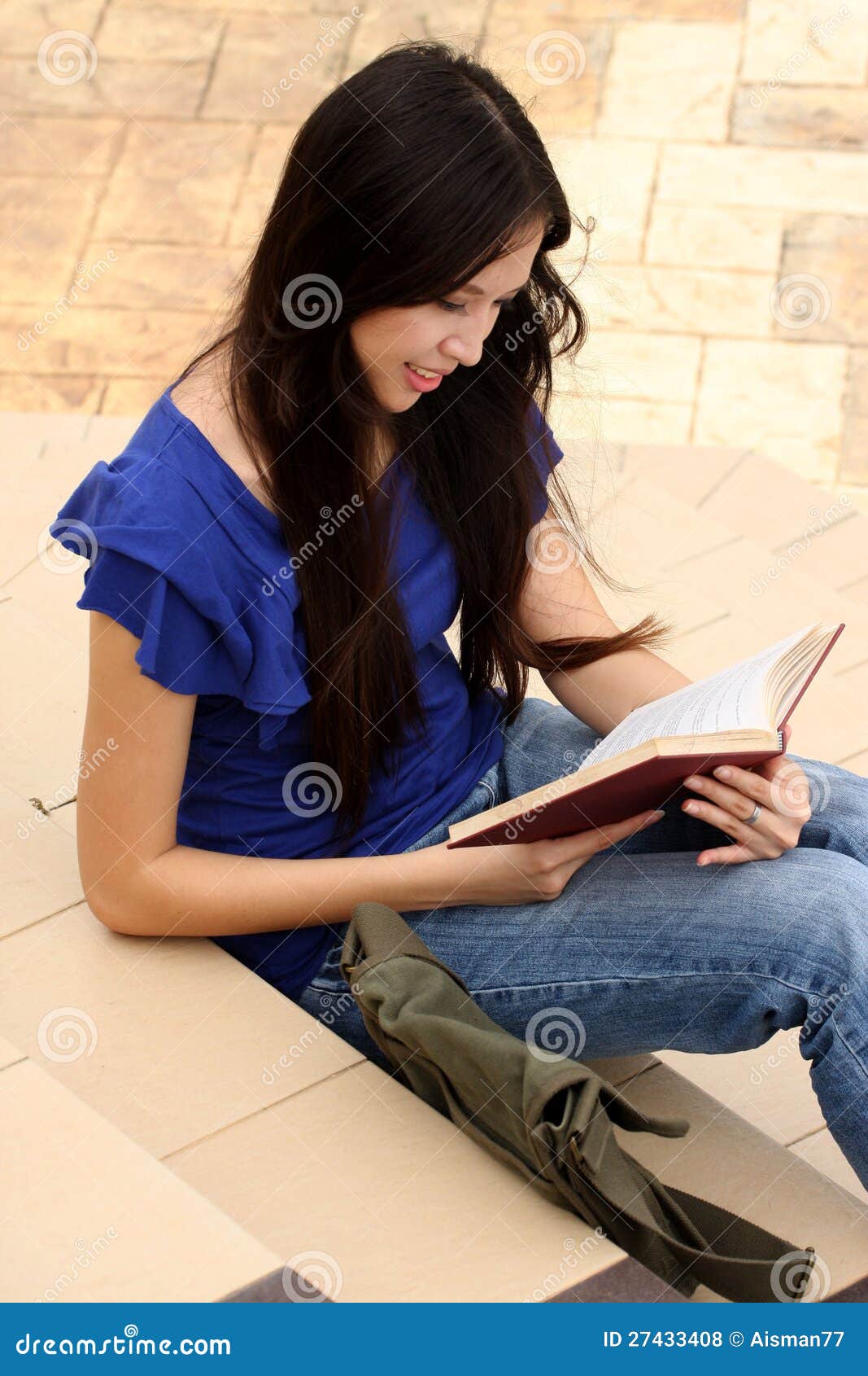 Pretty Young Woman Reading a Book at Staircase Stock Photo - Image of ...