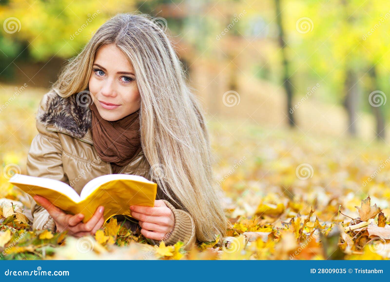Pretty Young Woman Reading in a Park in Autumn Stock Image - Image of ...