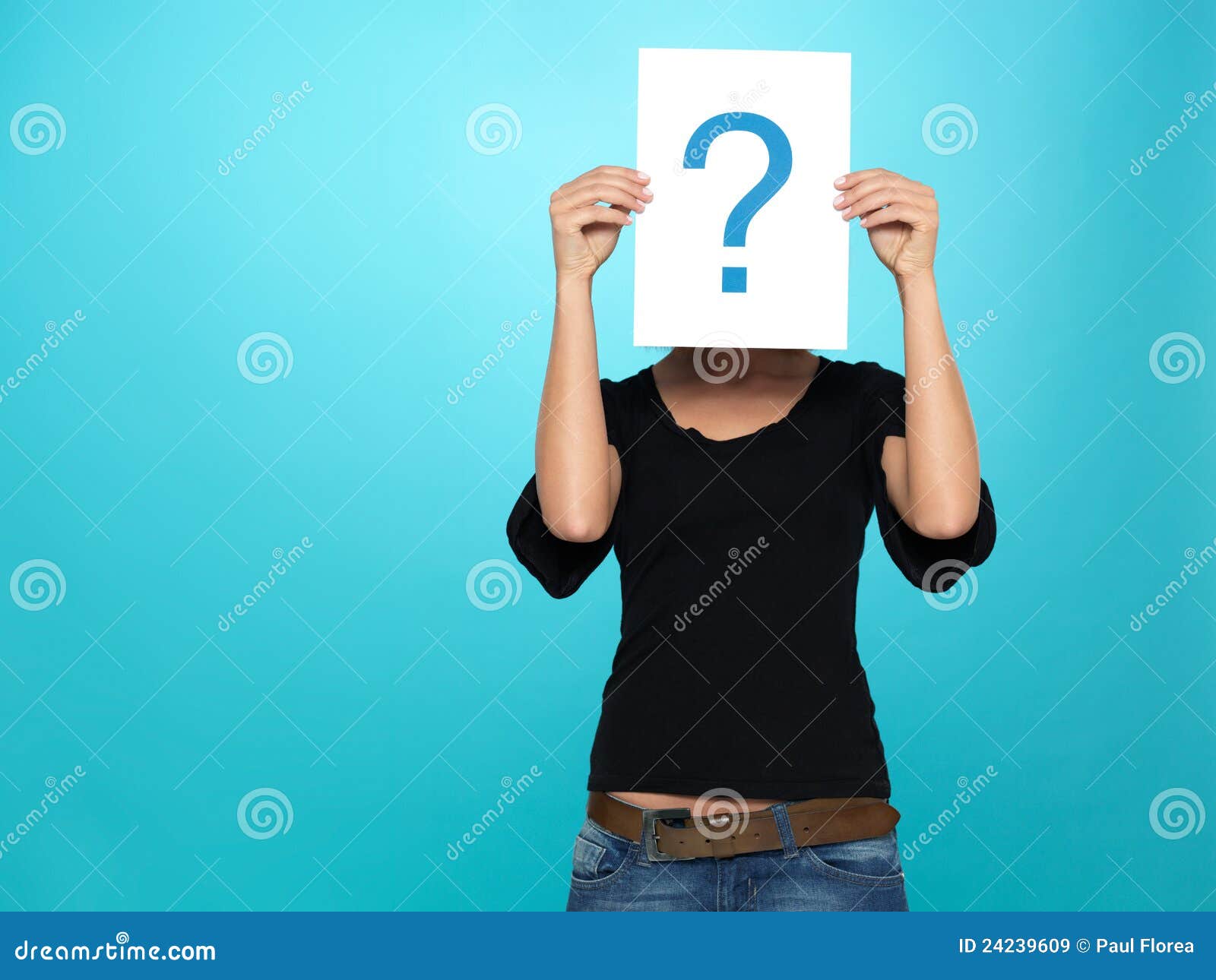Woman With Question Marks On Grey Background Stock Photography ...