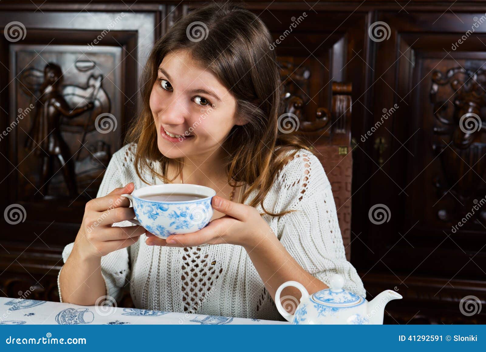 Pretty Young Woman Sitting with a Cup of Tea Stock Image - Image of ...