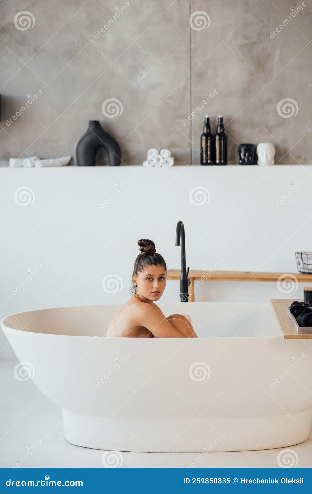 Side View Of A Woman Taking A Foam Bath At Home Stock Image Image Of Adult Health 259850835