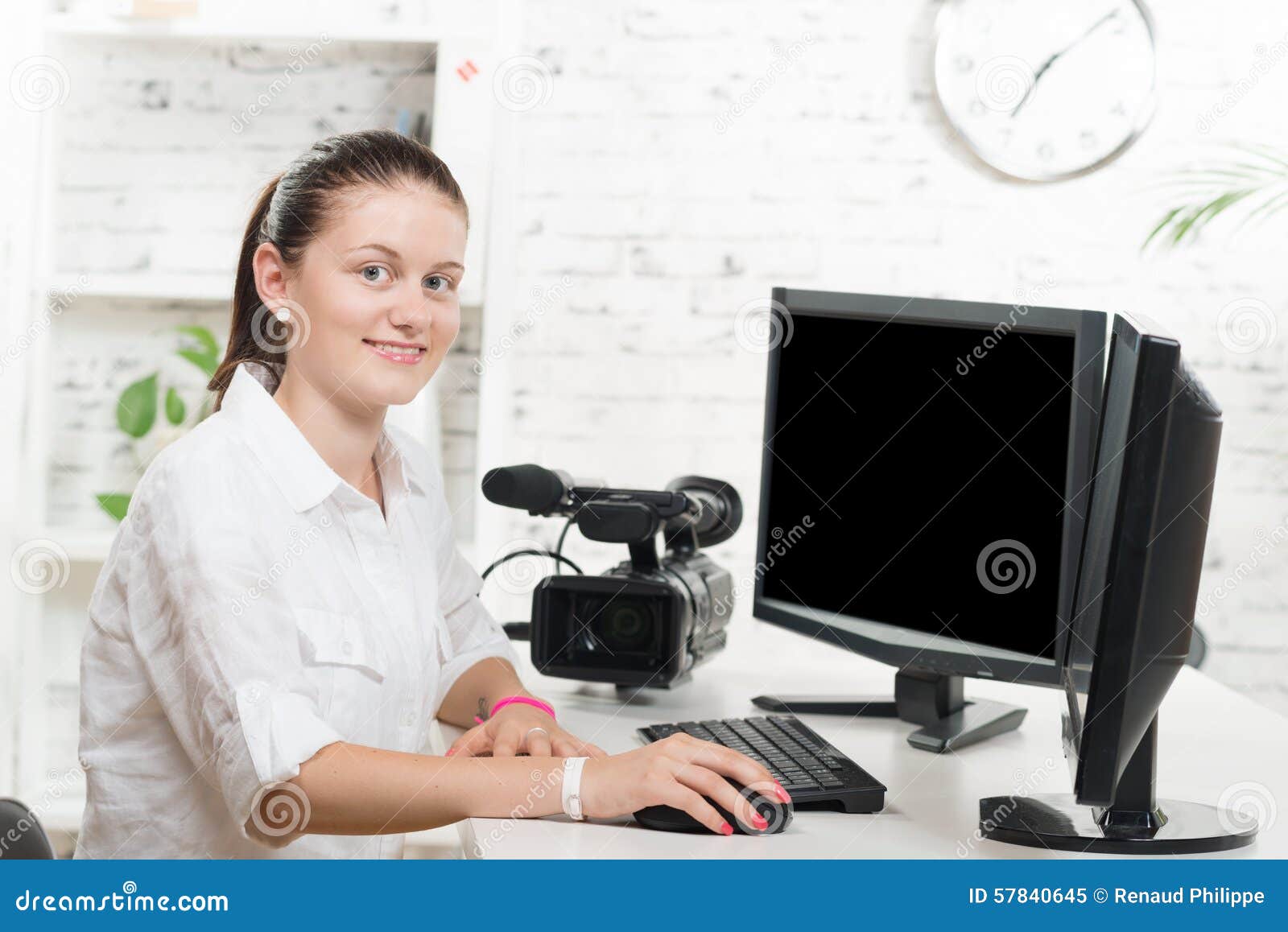 Pretty Young Woman Video Editor Stock Image - Image of computer, audio ...
