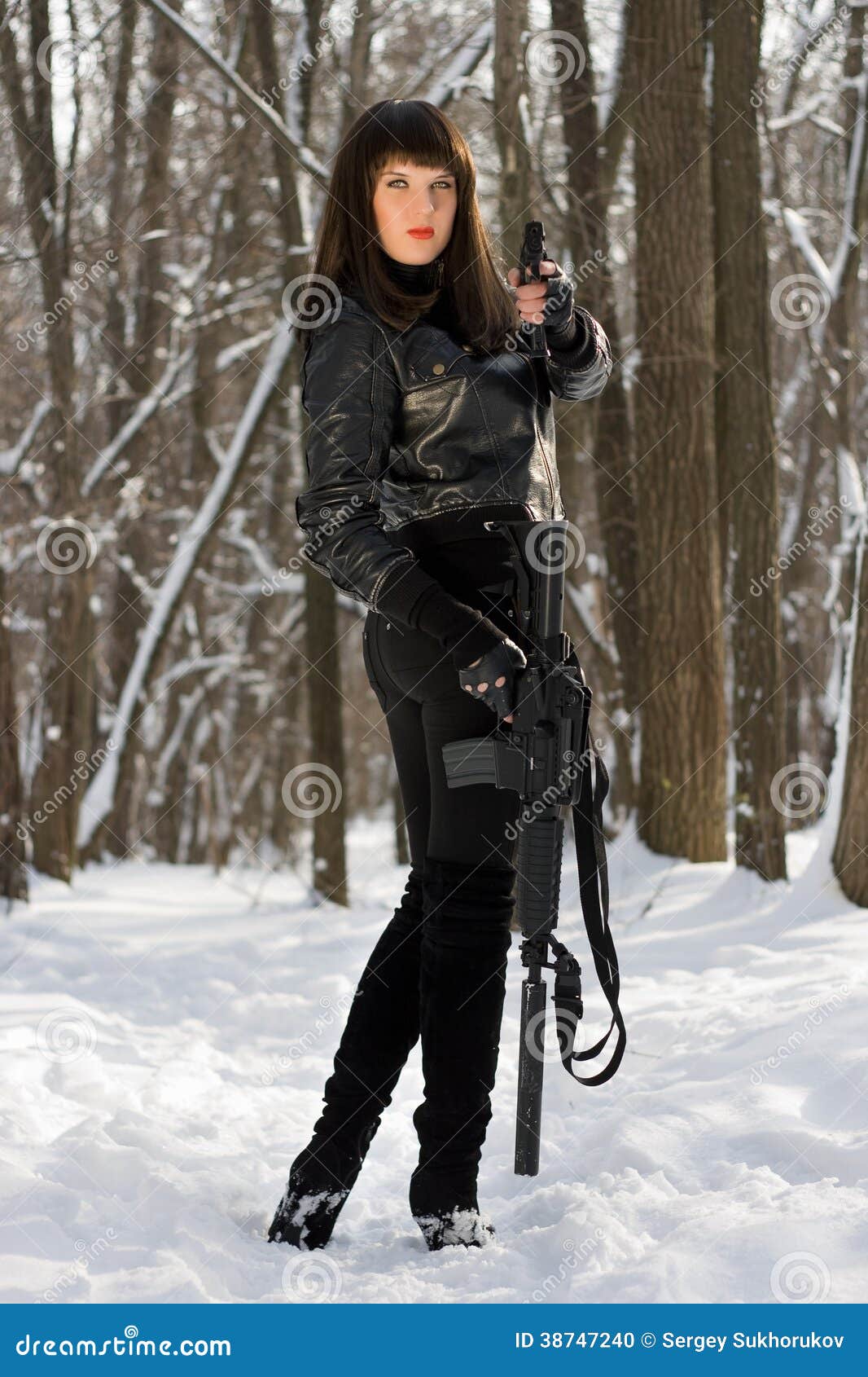 Pretty Young Woman with Weapon Stock Photo - Image of killer, black ...