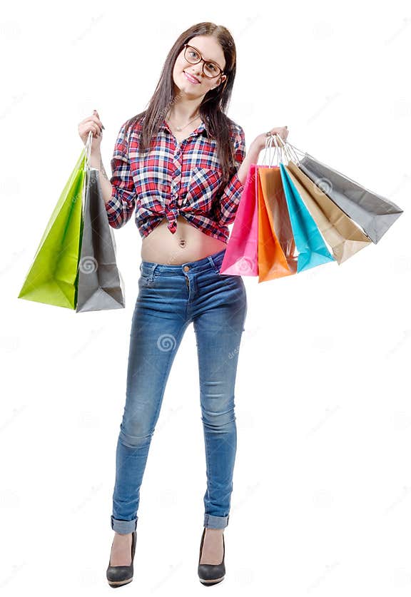 Pretty Young Woman Went Shopping On White Background Stock Image