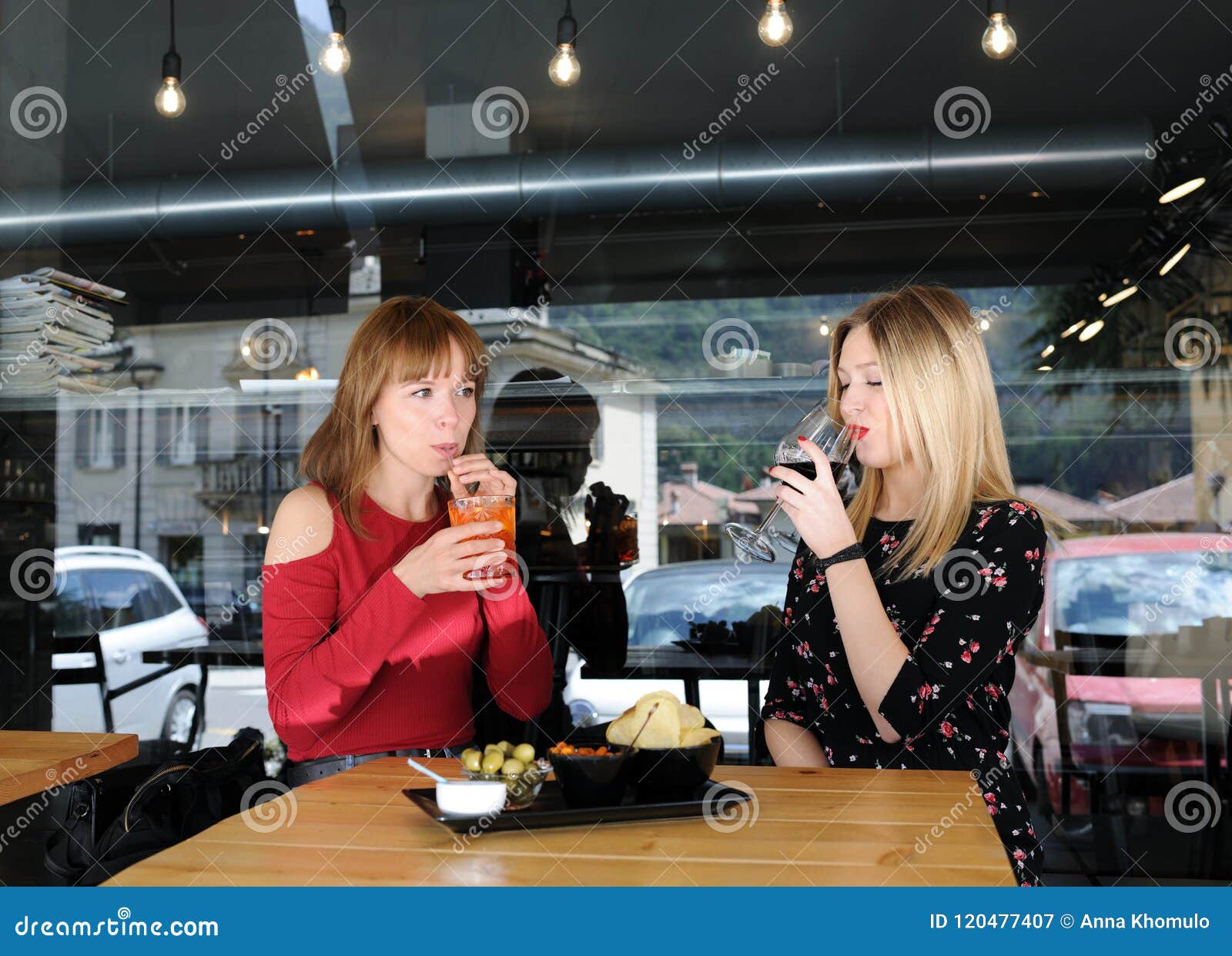 Pretty Young Women Drinking in Cafe Stock Image - Image of friendship ...