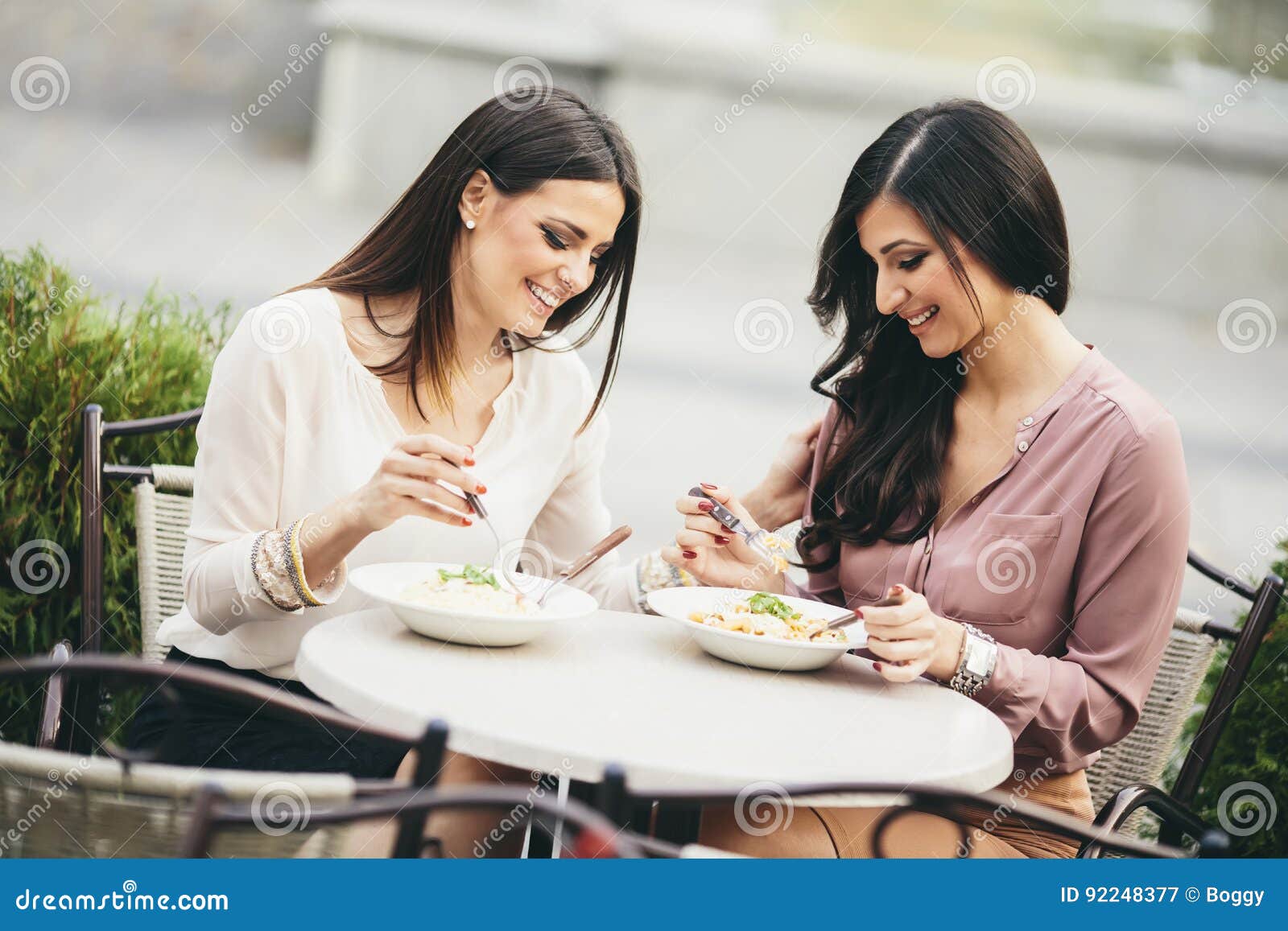 Pretty Young Women Having Lunch In Restaurant Outdoor Stock Image Image Of Outdoor Attractive