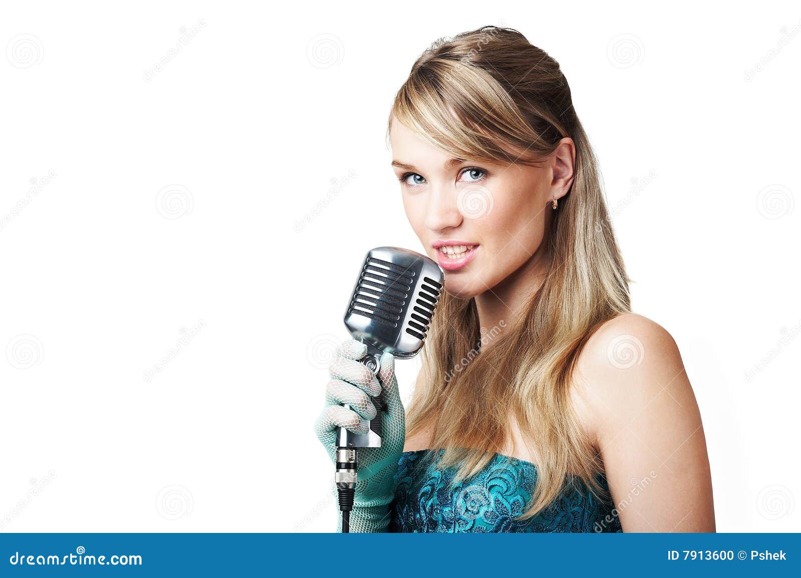 Pretty Young Girl Singing into Retro Microphone Stock Photo - Image of ...