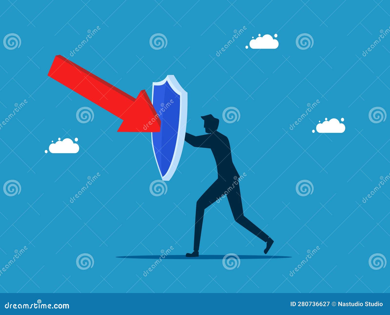 Prevention or Risk Management. Man Holding Shield To Protect from Arrow ...