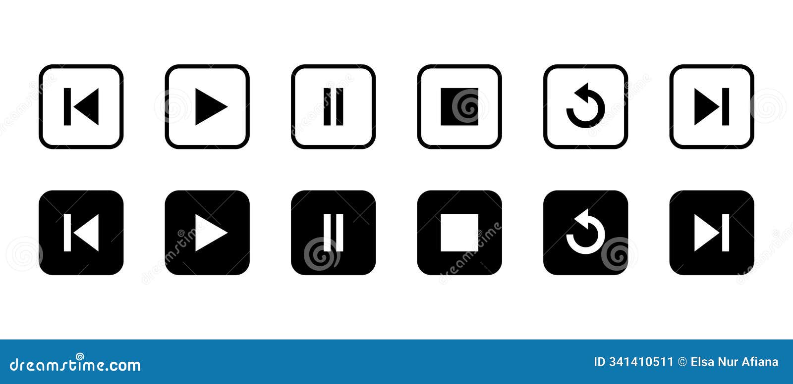 Previous, Play, Pause, Stop, Repeat, and Next Track Icon on Black ...