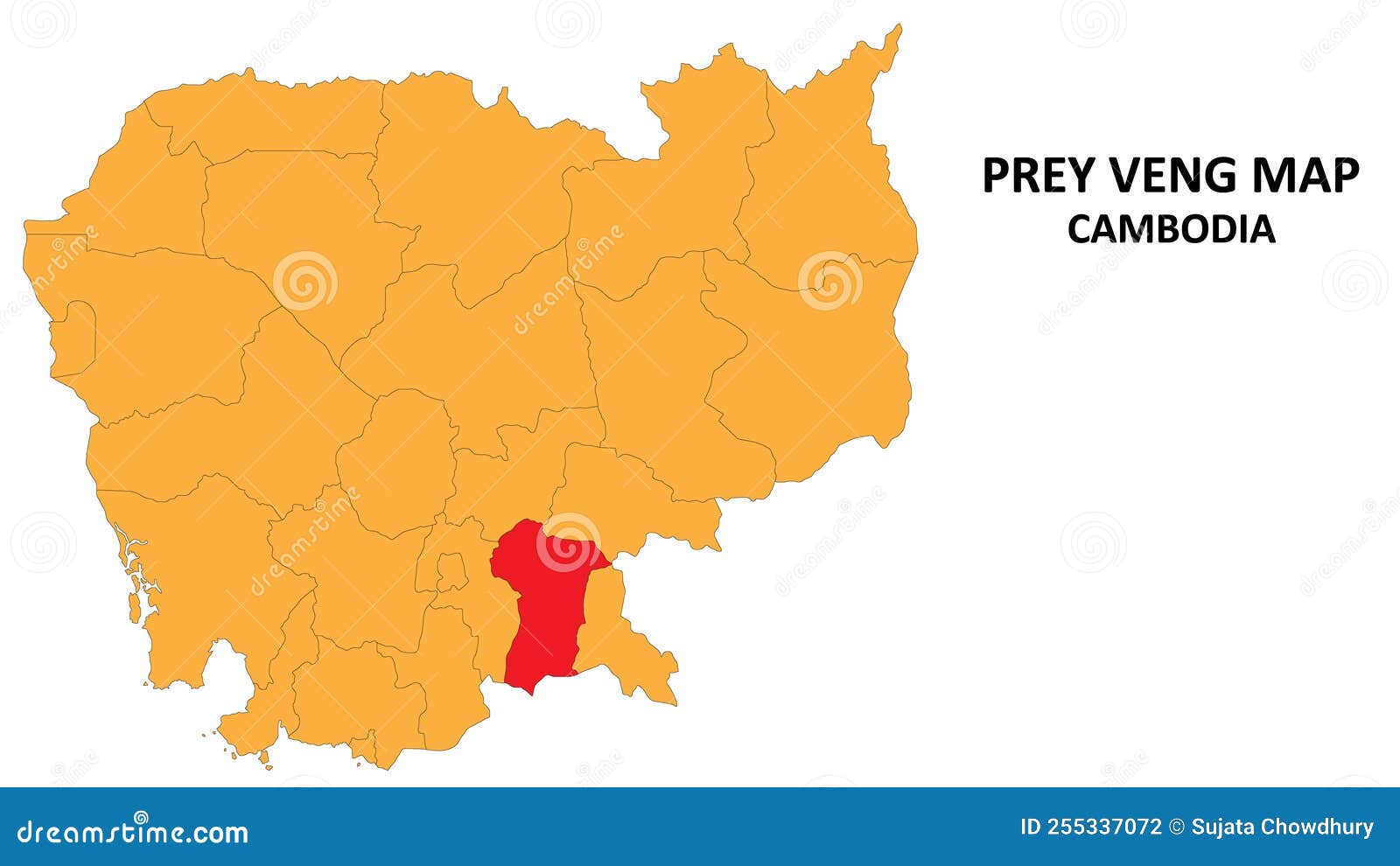 Prey Veng State and Regions Map Highlighted on Cambodia Map Stock ...