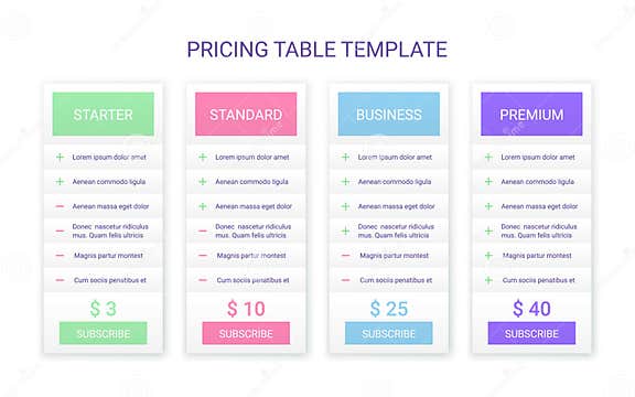 Price Table Template with 4 Columns. Pricing Data Grid. Vector ...