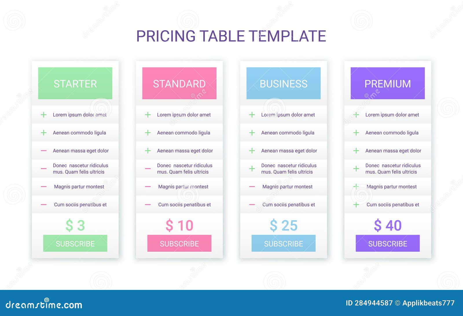 Price Table Template with 4 Columns. Pricing Data Grid. Vector ...