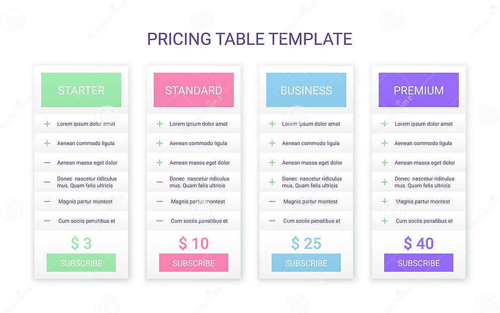 Price Table Template with 4 Columns. Pricing Data Grid. Vector ...